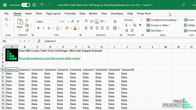 Excel VBA Create Table From Cell Range Code Snippet Example